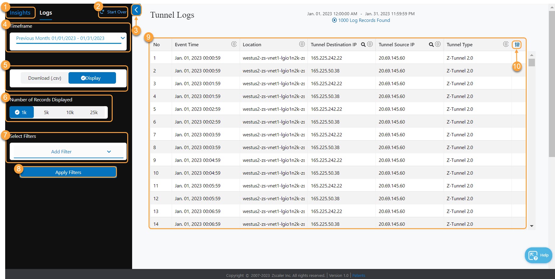 Tunnel Insights Logs page