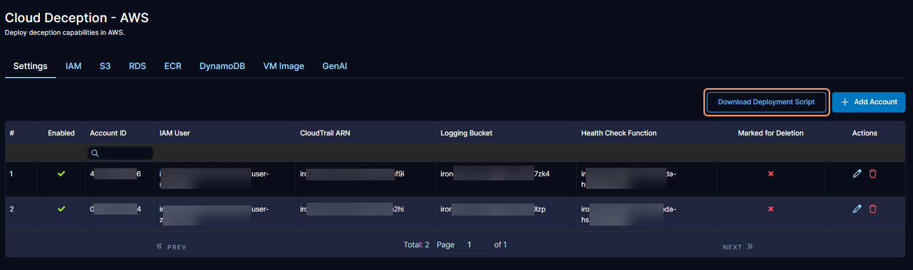 AWS Settings Page with Download Deployment Script Button