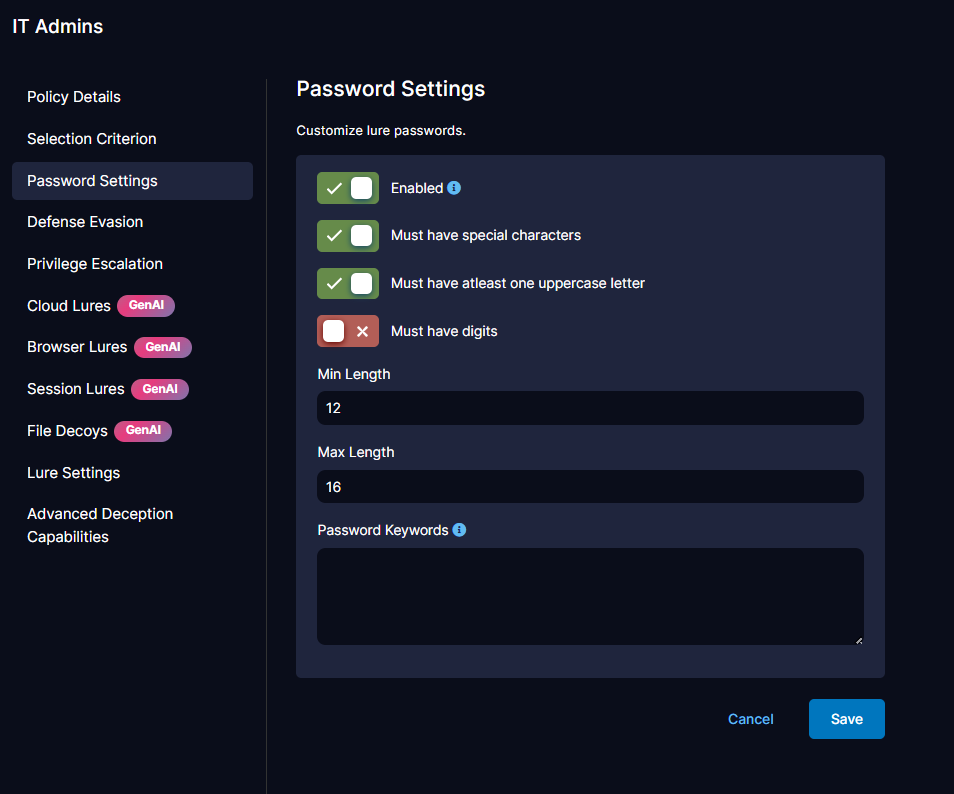 Configuring Password Settings deception module
