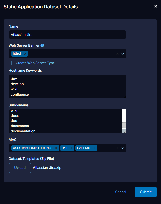 Static Application Dataset Details Window