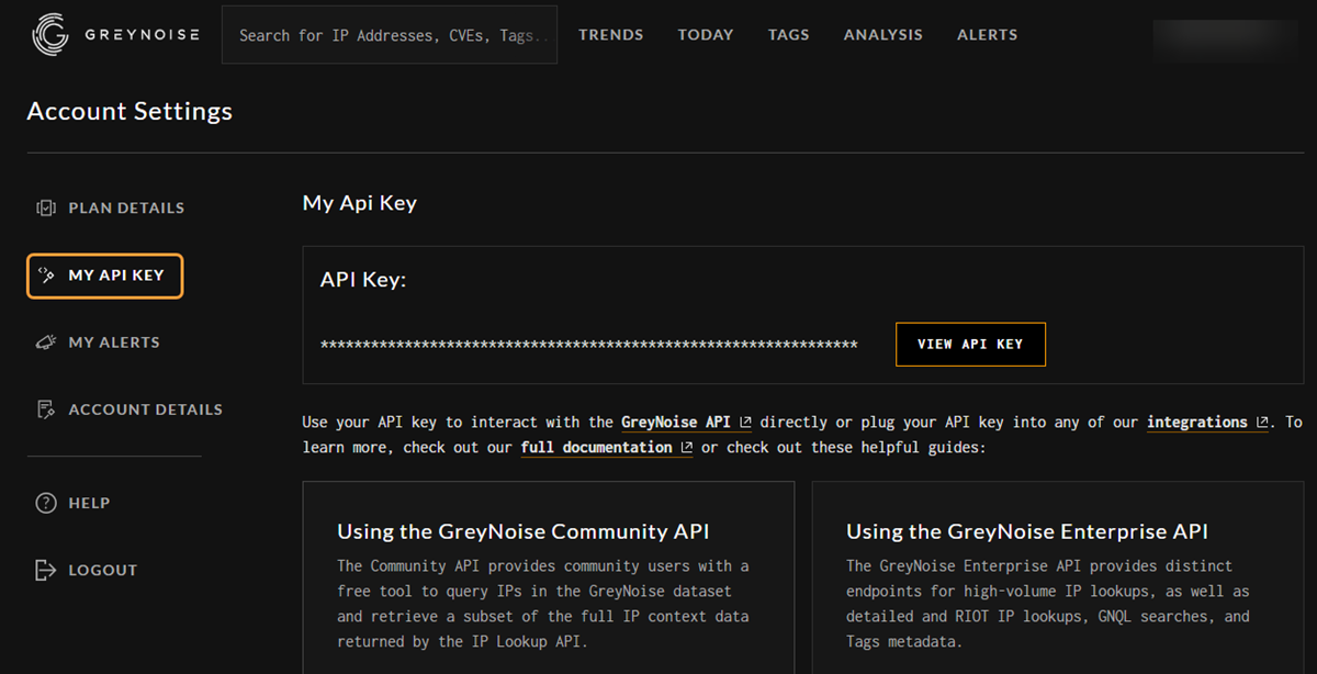 Copying the API key from GreyNoise