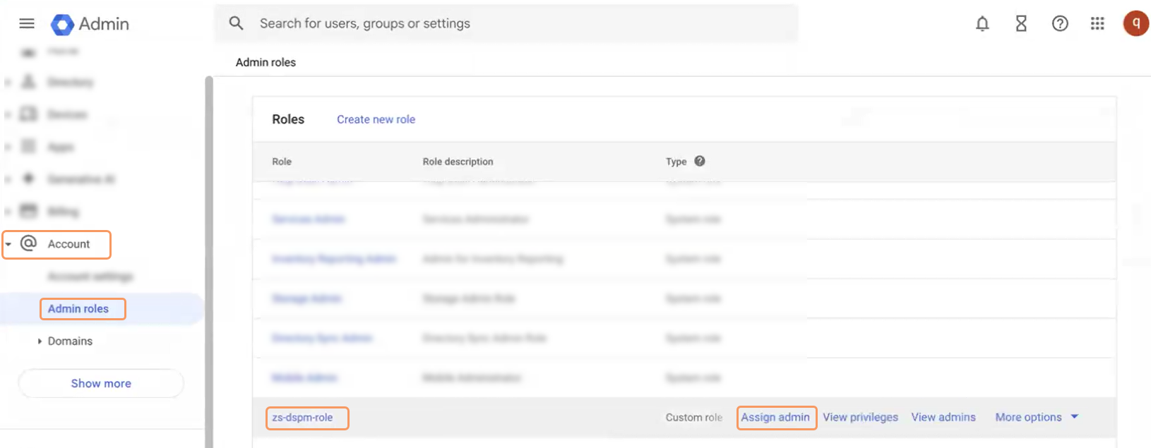 GCP Admin Console Admin Roles Page