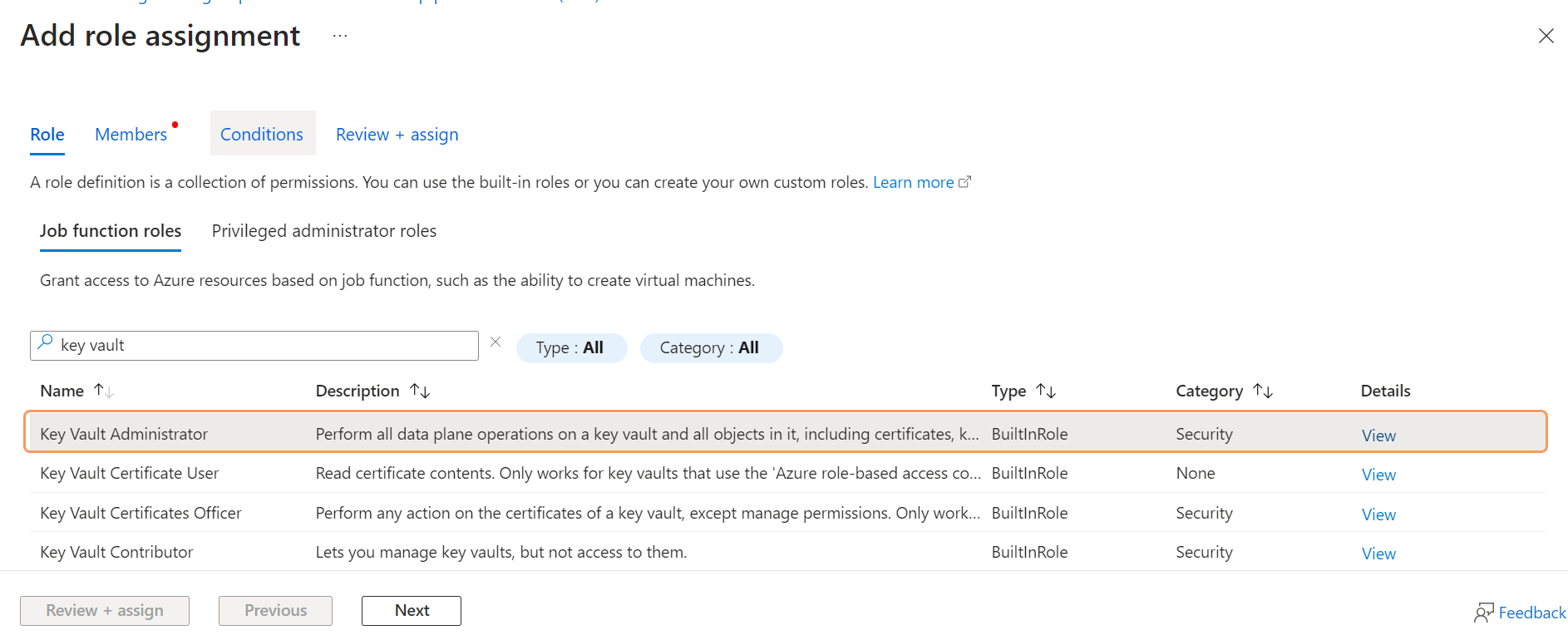 Select the Key Vault Administrator role