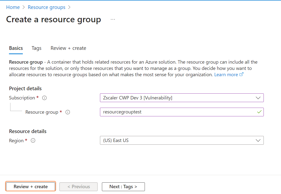 Review Entered Fields for Resource Group