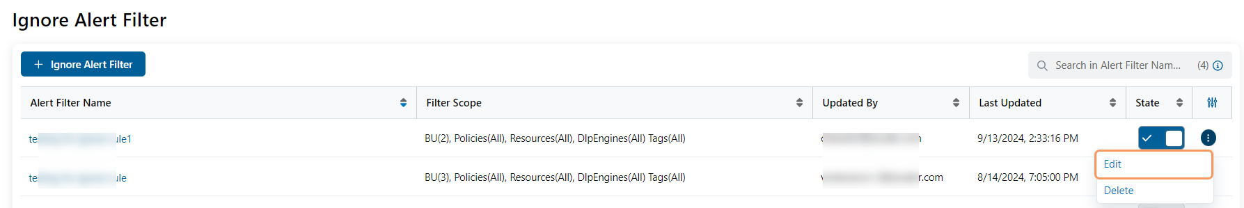 Editing or Deleting Ignore Alert Filters | Zscaler