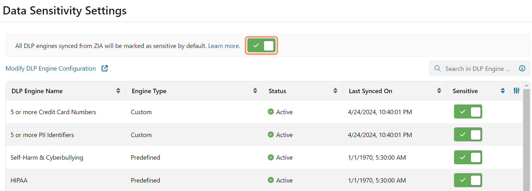 Disabling the Sensitivity Setting for DLP Engines | Zscaler