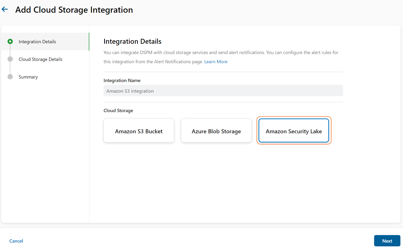 Selecting Amazon Security Lake as the cloud storage