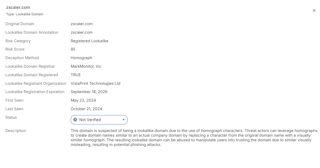 EASM Lookalike Domain Details Page