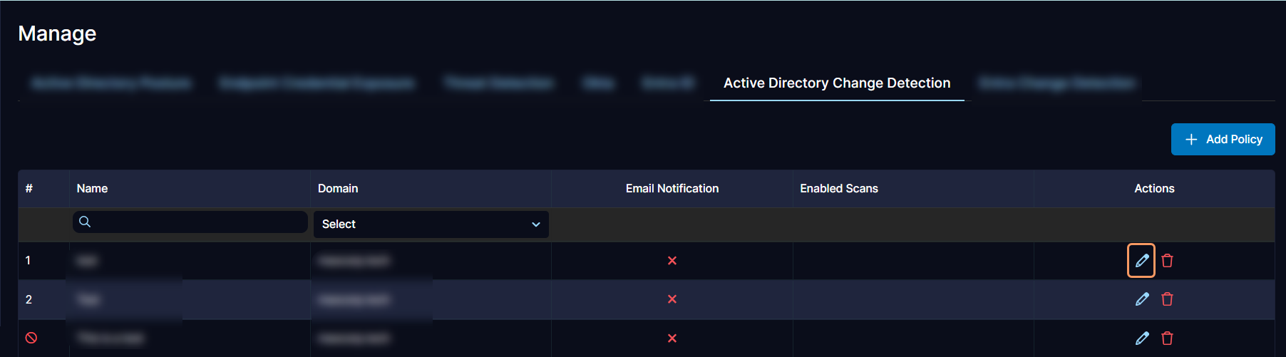 The edit option for policy