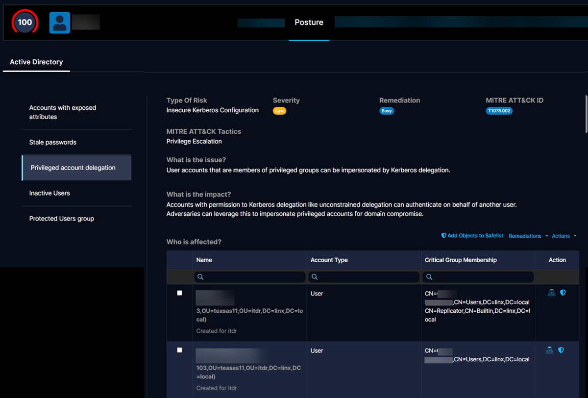 Viewing affecter AD user posture issue details