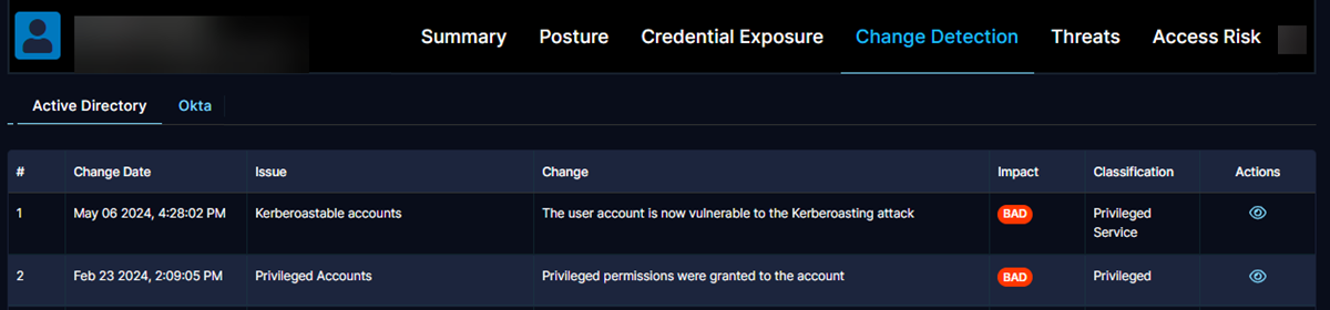 Viewing change detection details for the AD user account