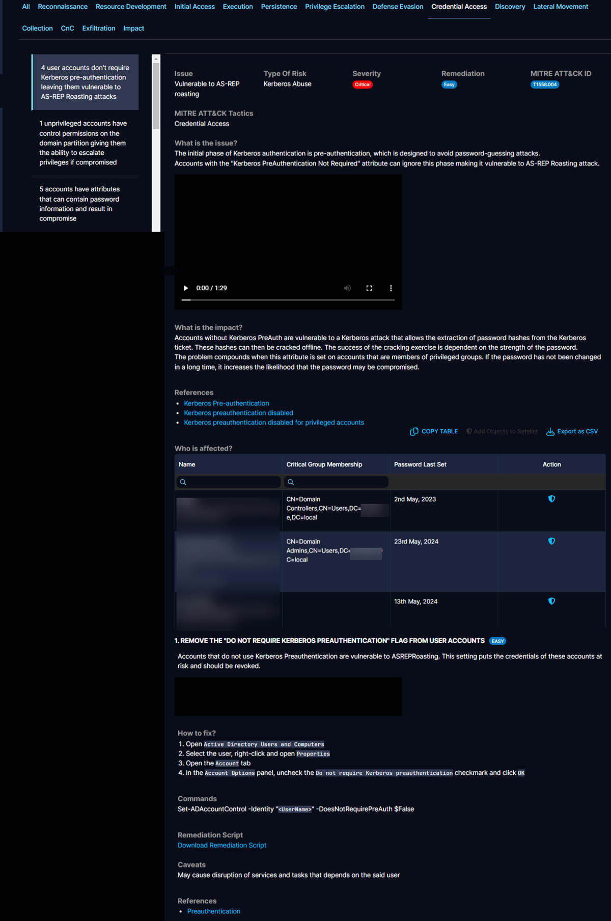 Viewing The Active Directory Issue Details Grouped By Mitre Attandck