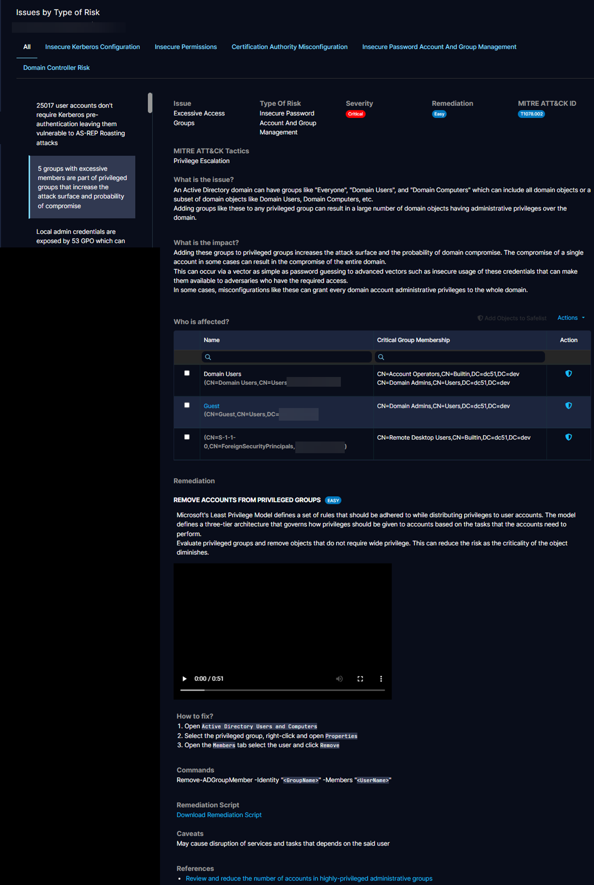 Viewing the Active Directory Issue Details Grouped By Risk Type | Zscaler