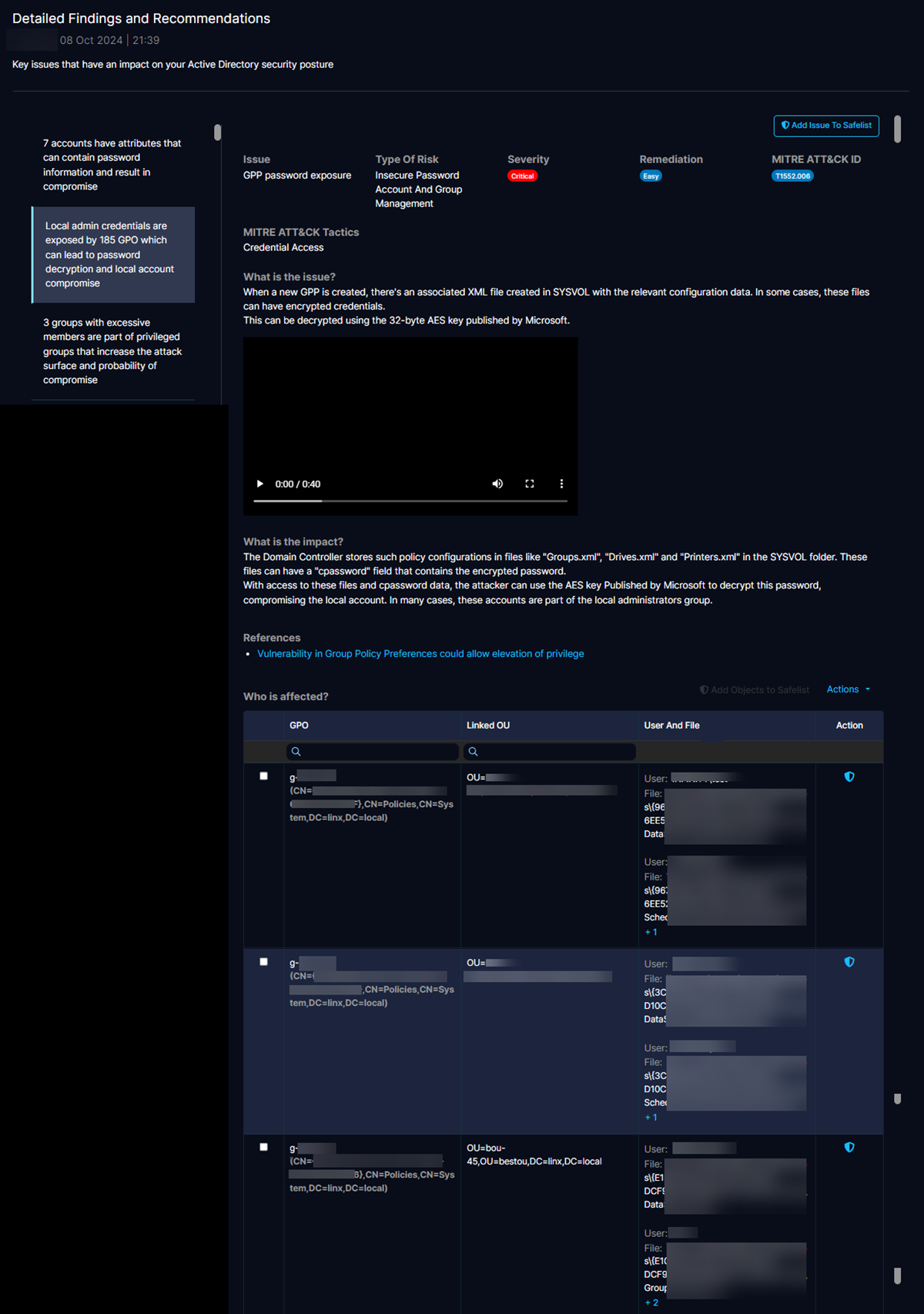 Viewing AD issues details and recommendations