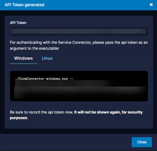 Service ConnectorのAPIトークンのコピー