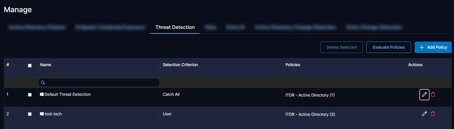 The option to edit a threat detection policy