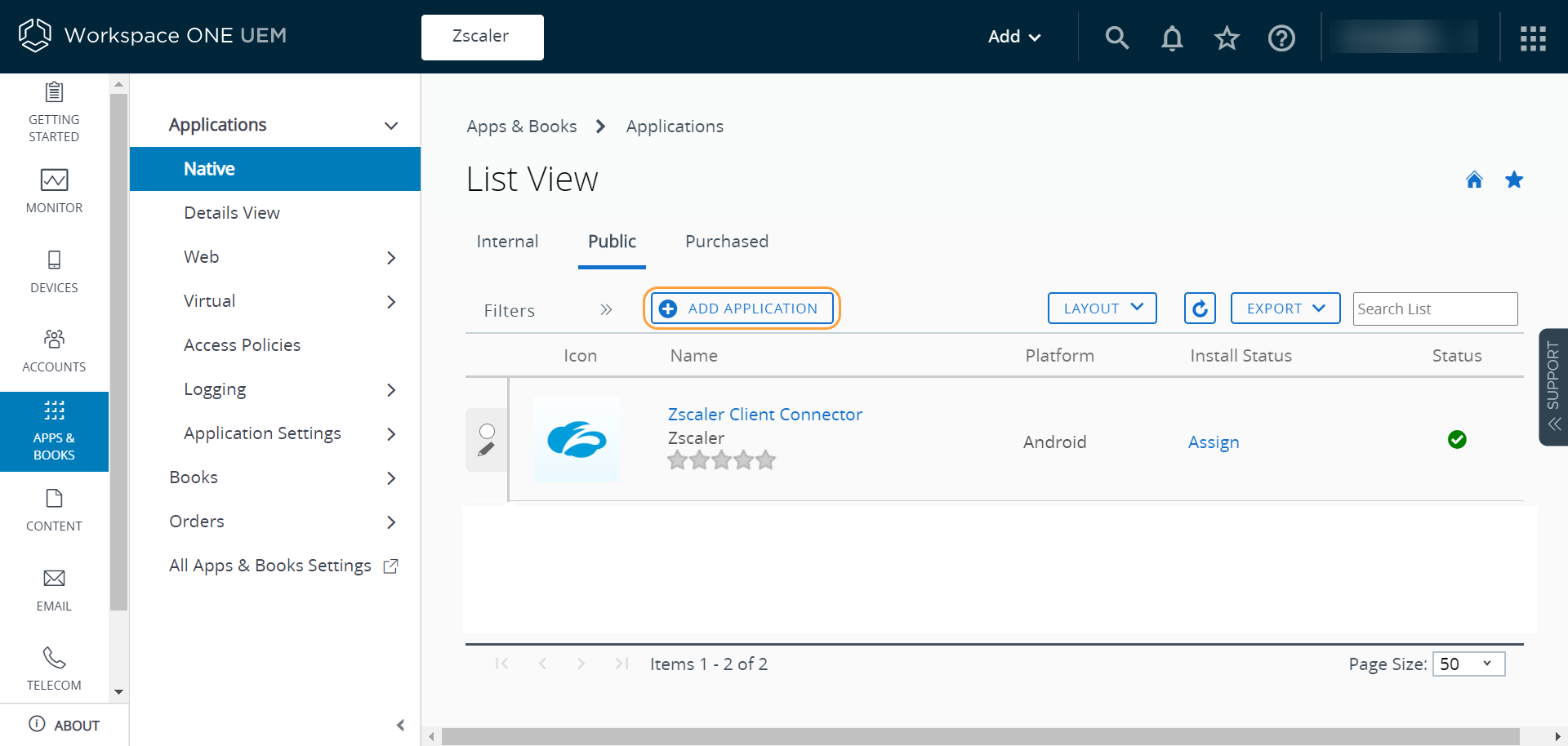 Worksapce ONE UEMポータルから[アプリケーションを追加]へのナビゲーション