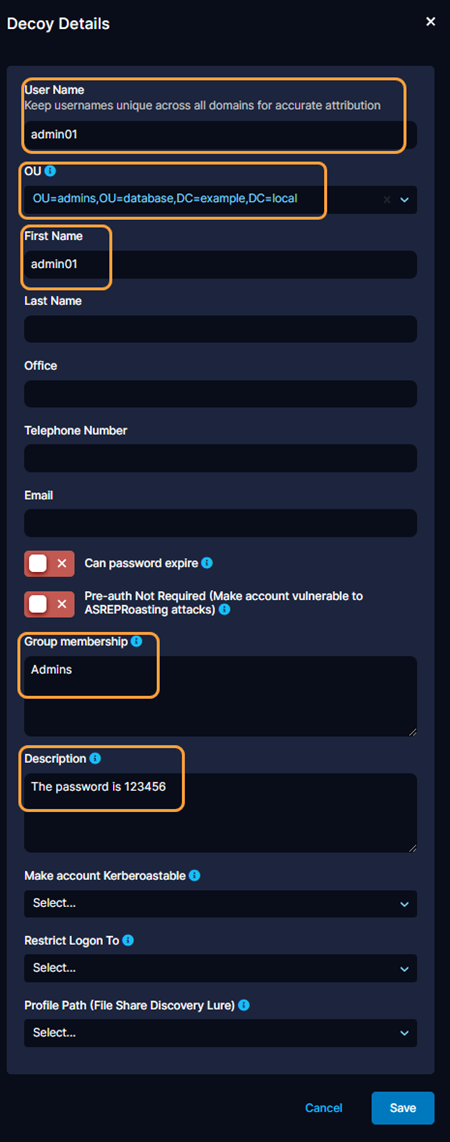Configuring decoy AD accounts with dictionary usernames
