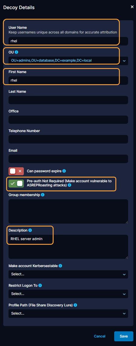 Configuring decoy *nix AD user account