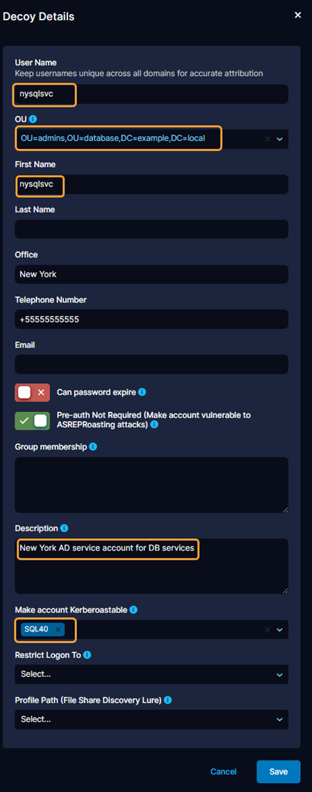 Configuring a decoy AD service account