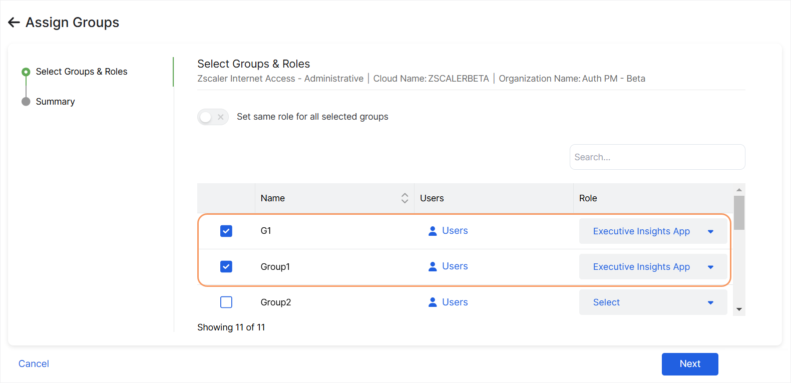 Assign Groups page