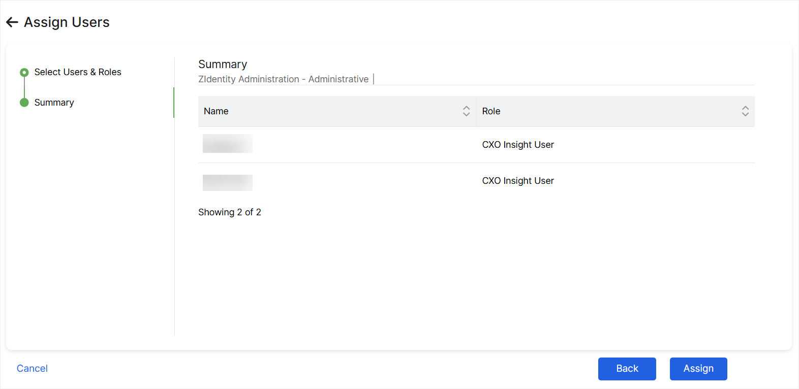 Assign Users Summary page