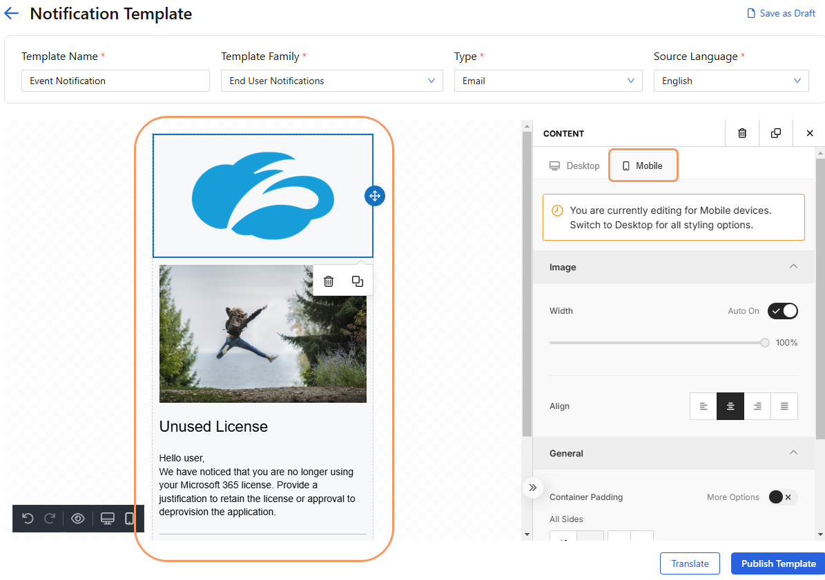 Rich Text Editor - Mobile tab for an image