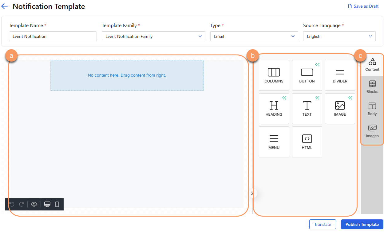 Notification Template page - Different sections in the email template ...