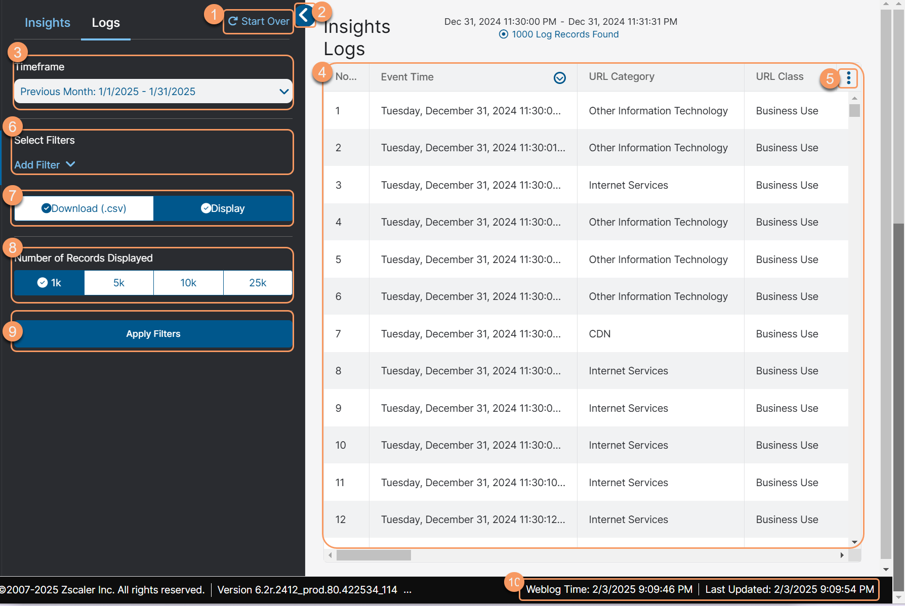 Web Insights Logsページ