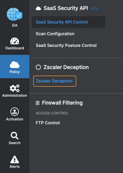 ZIA Admin PortalのDeceptionのリンク