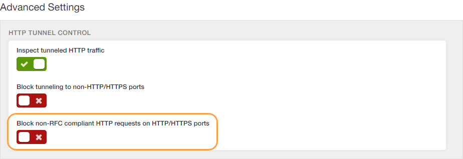[詳細設定]ページの[HTTP/HTTPSポートでRFC非準拠のHTTPリクエストをブロックする]オプション