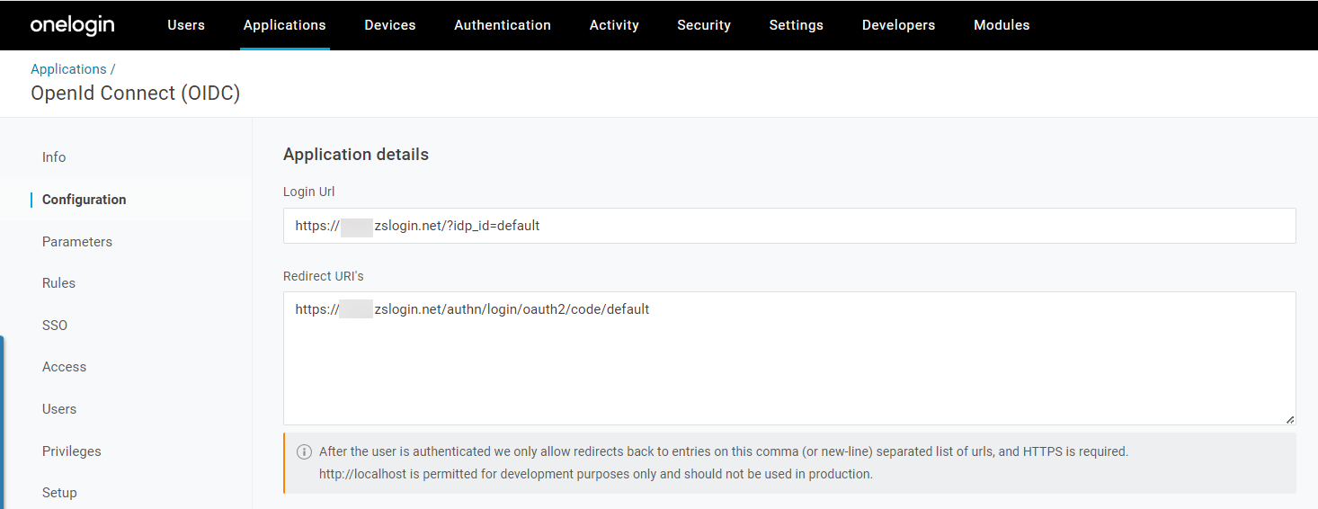 Redirect URIs in OneLogin Portal