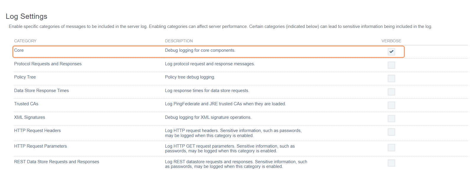 Log Settings page in PingFederate Admin Console