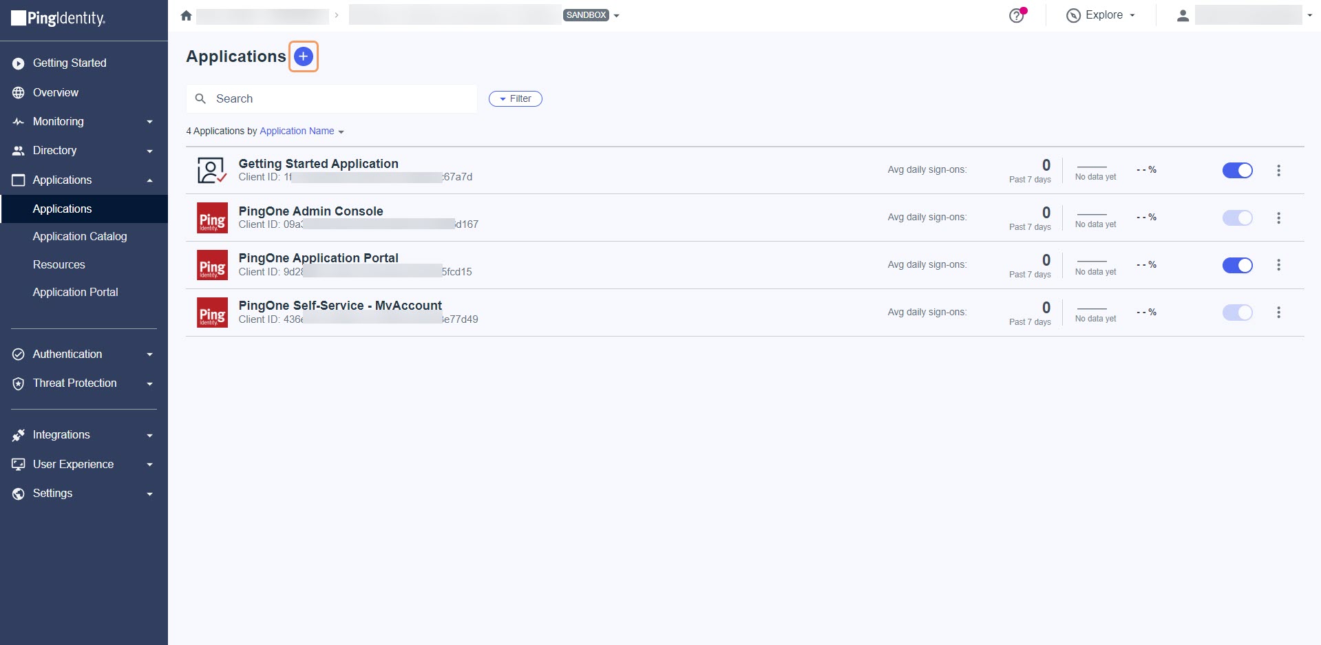 Add App Option in PingOne Admin Console