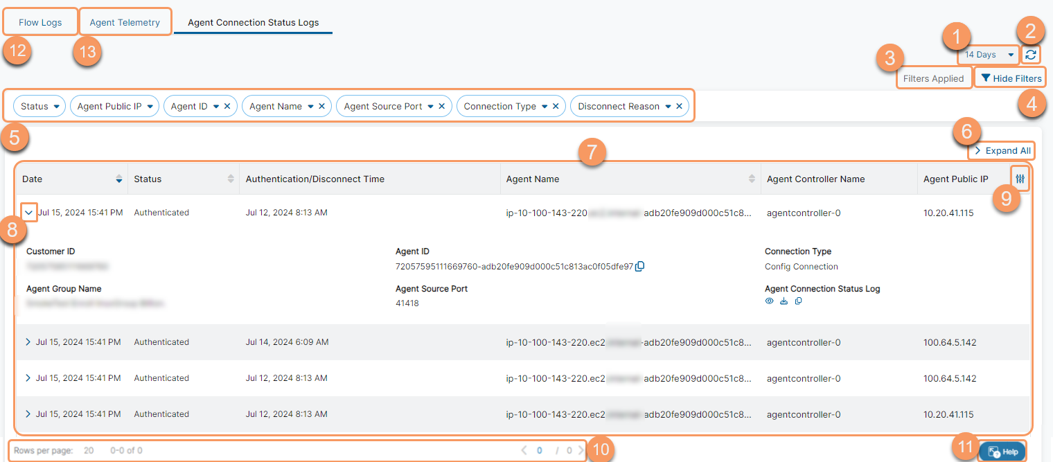 A view of the Agent Connection Status Logs page and it's filters ...