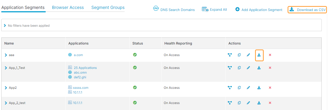 アプリケーションセグメント構成のエクスポート